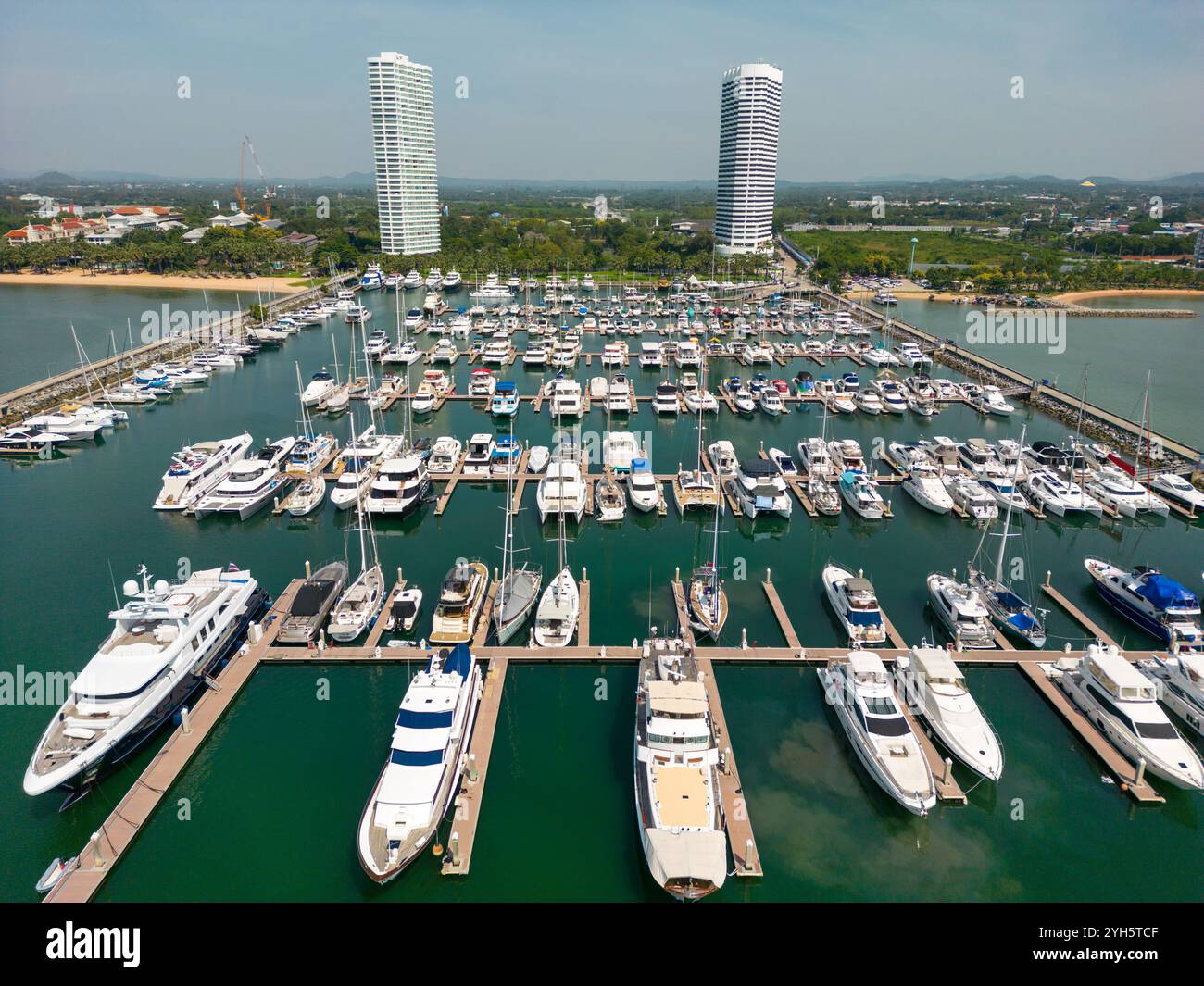 An aerial drone view of Ocean Marina Resort located in Pattaya Jomtien ...