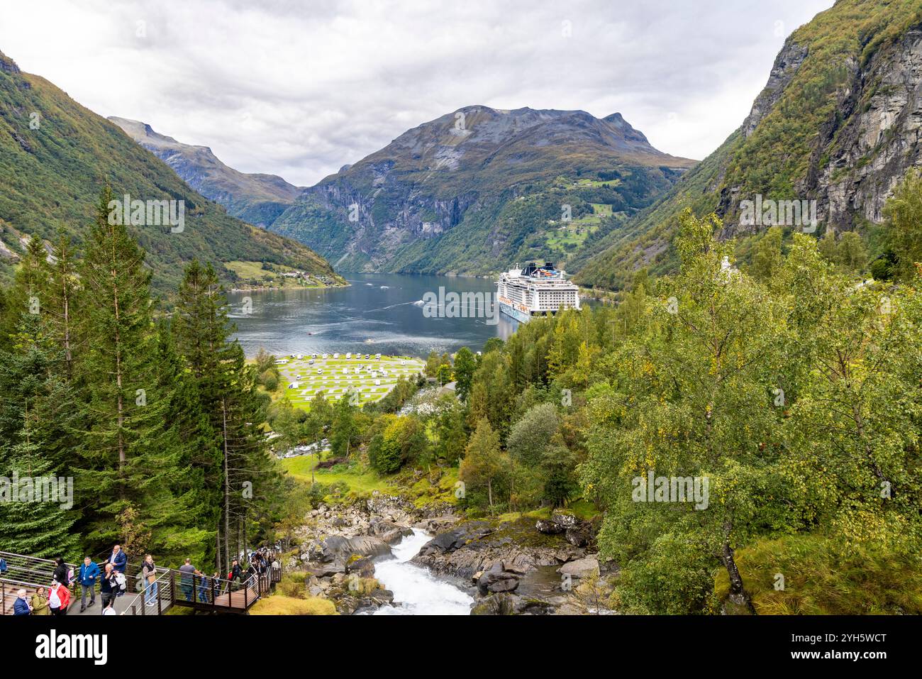Storfossen waterfall in Geiranger village with visitors from MSC ...