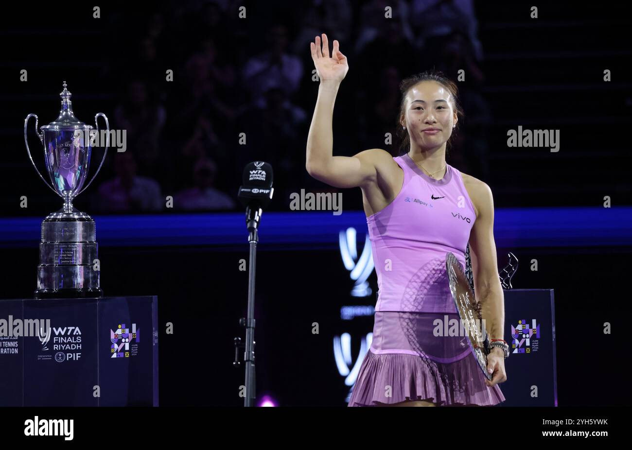 Riyadh, Saudi Arabia. 9th Nov, 2024. Zheng Qinwen of China gestures to audience during the ...