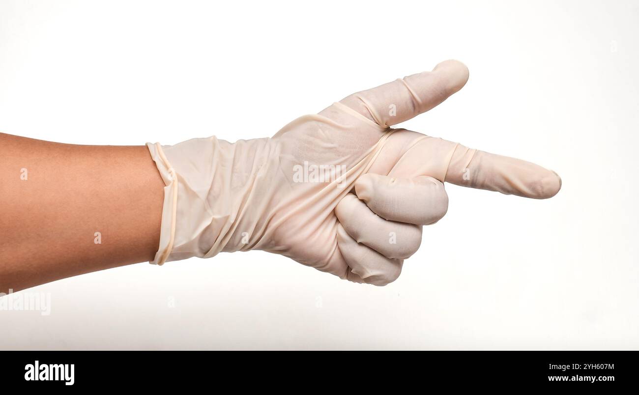 Latin doctor's hand in glove pointing on a white background Stock Photo ...
