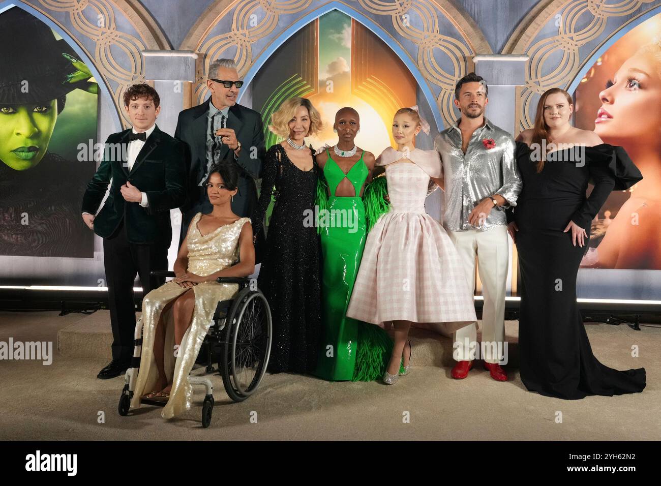 Ethan Slater, from left, Marissa Bode, Jeff Goldblum, Michelle Yeoh ...