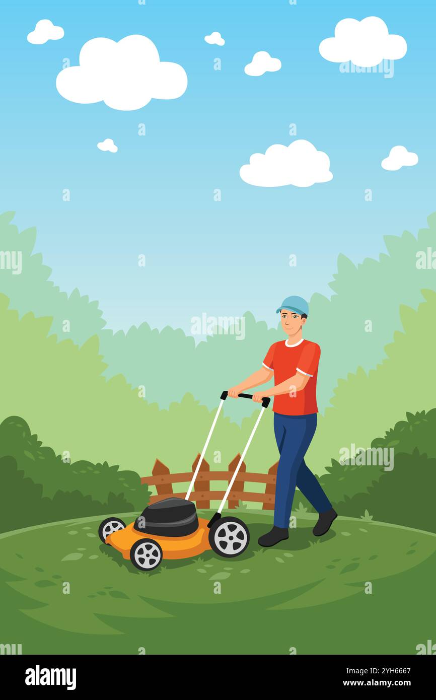 A vector illustration of Man Mowing the Lawn and Gardening Yard Work ...