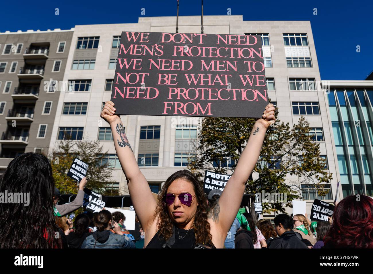 Washington, USA. 09th Nov, 2024. A demonstrator protests outside the ...