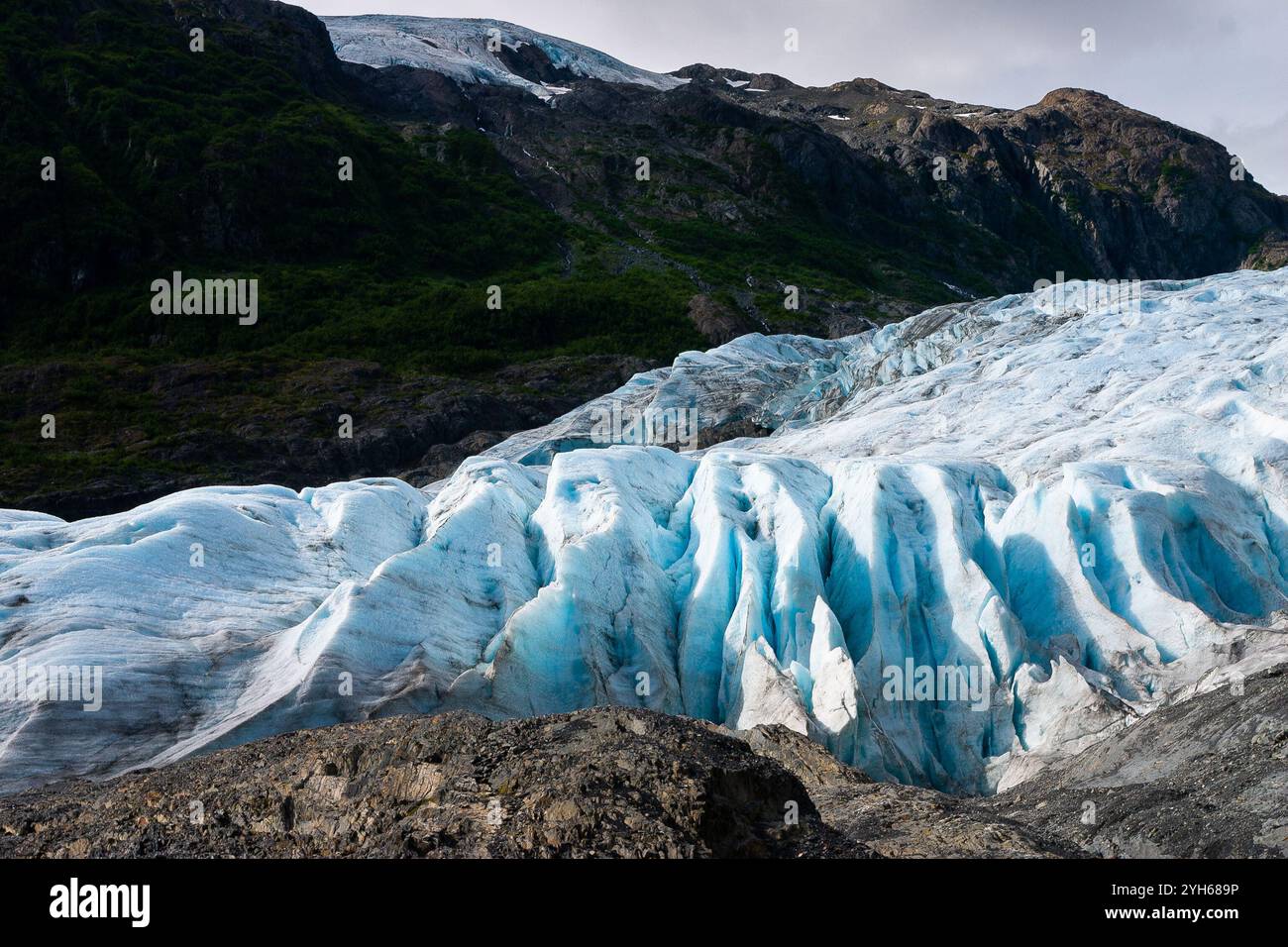 Exit Glacier, as of 2006, stretching out below the Kenai Mountains. Kenai Fjords National Park ...