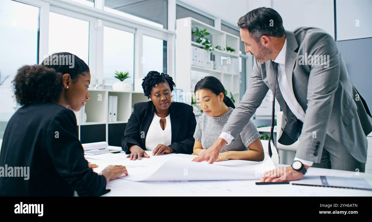 Teamwork, blueprint and business people in meeting, architecture and ...