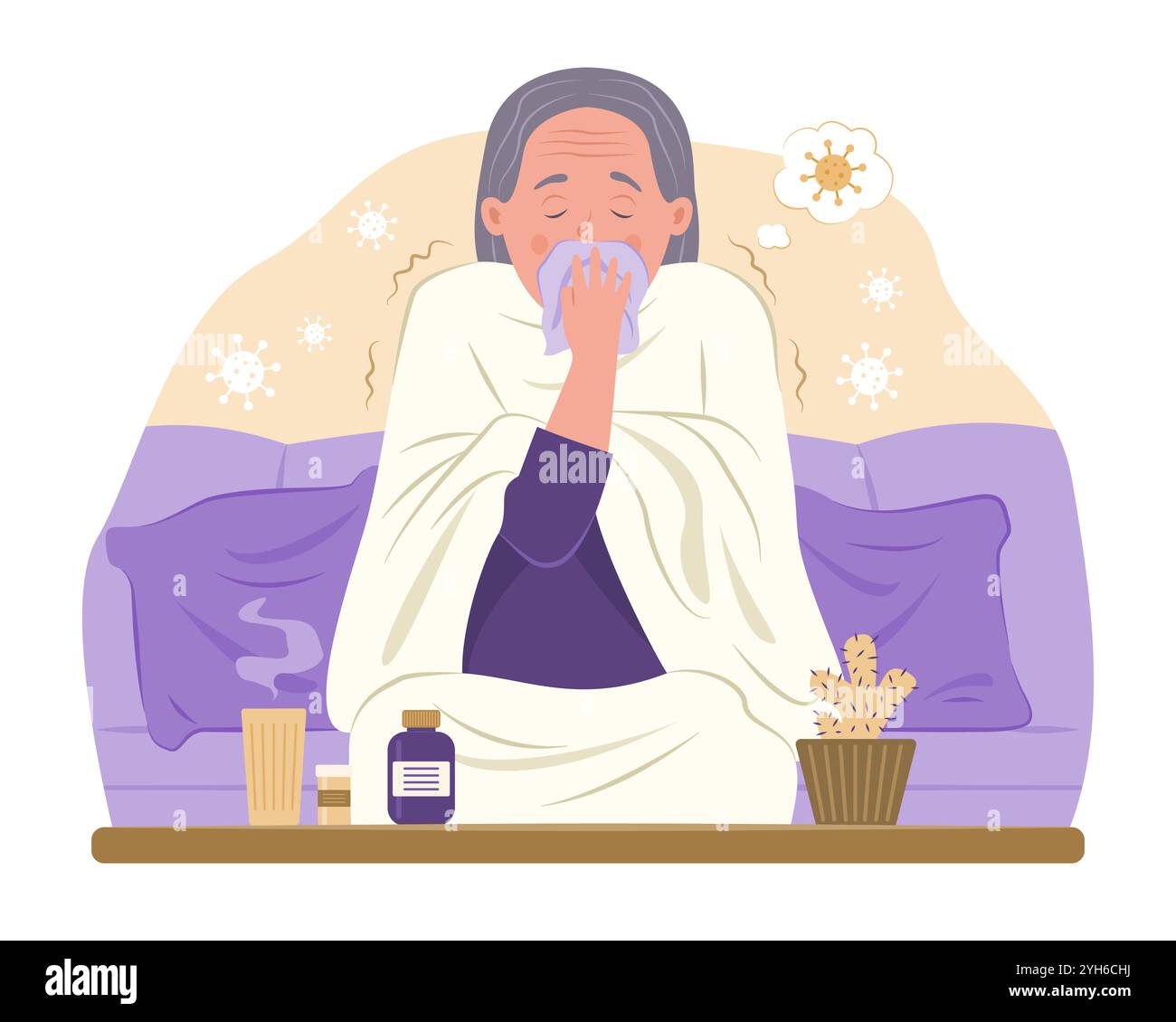 Sick Old Woman Blowing Nose into Handkerchief for Fever Concept ...