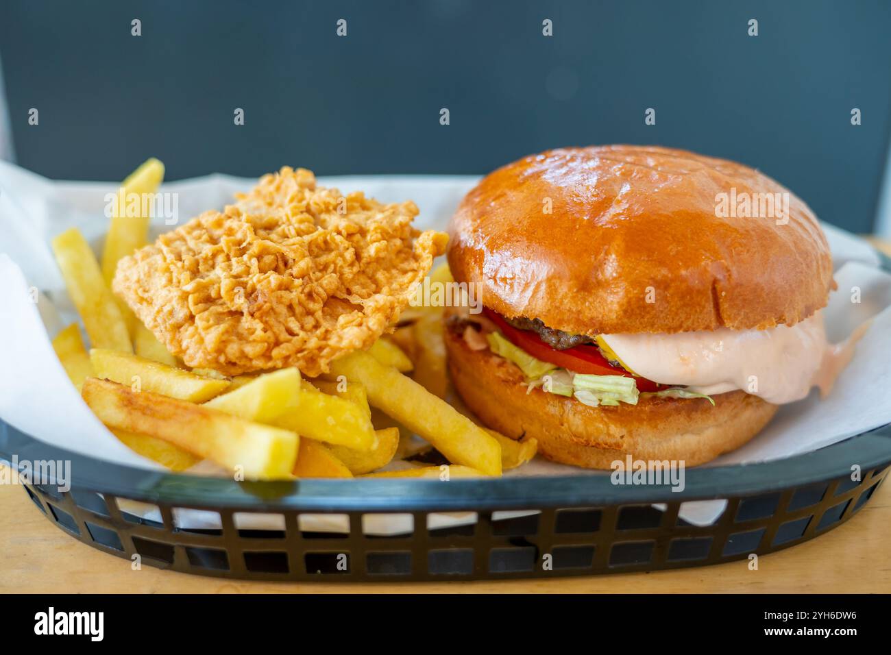 Tasty big size burger with french fries, beef burger with a lettuce ...