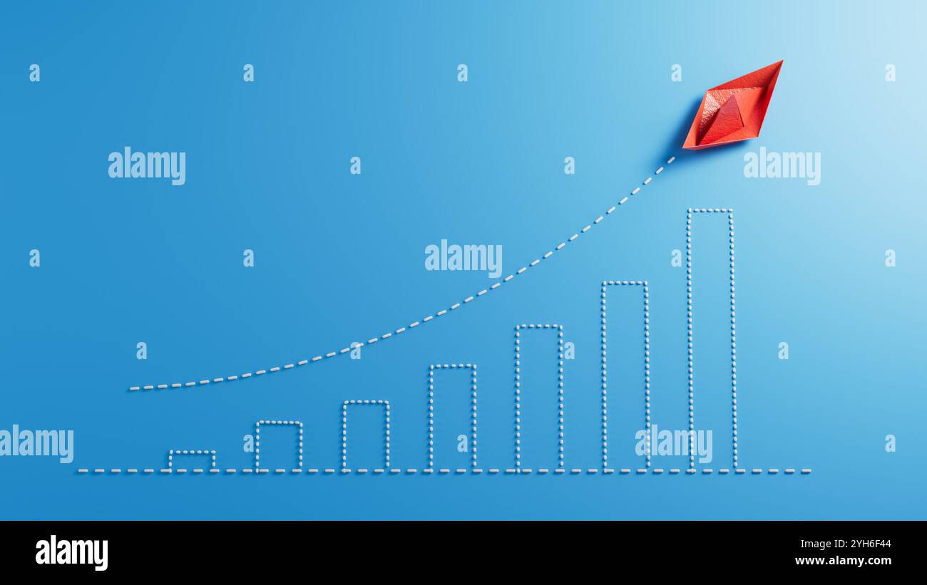 Red paper boat with growing a sketch graph on blue background, Growth ...