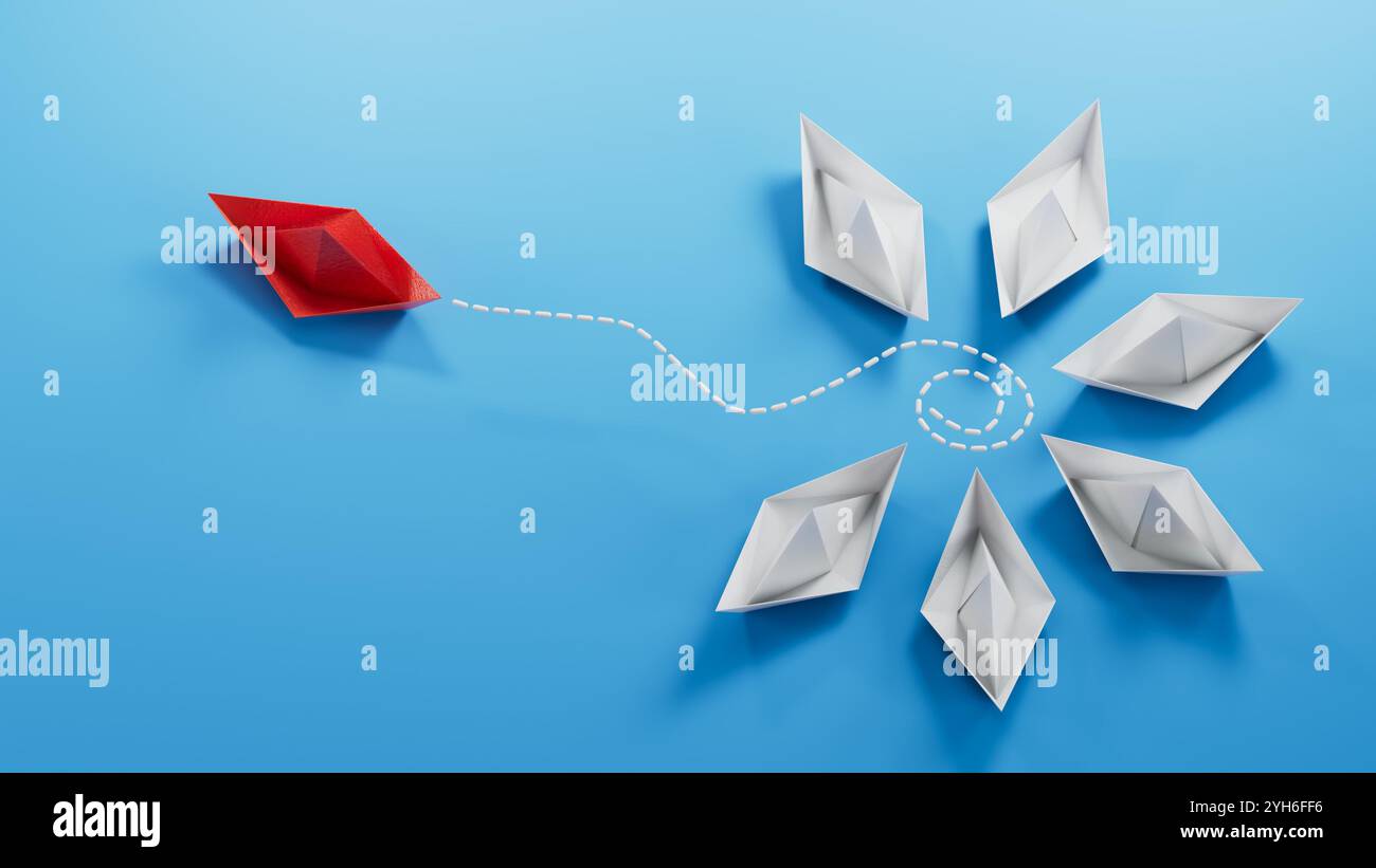 A group of blue paper boats and one is sailing away in the opposite ...