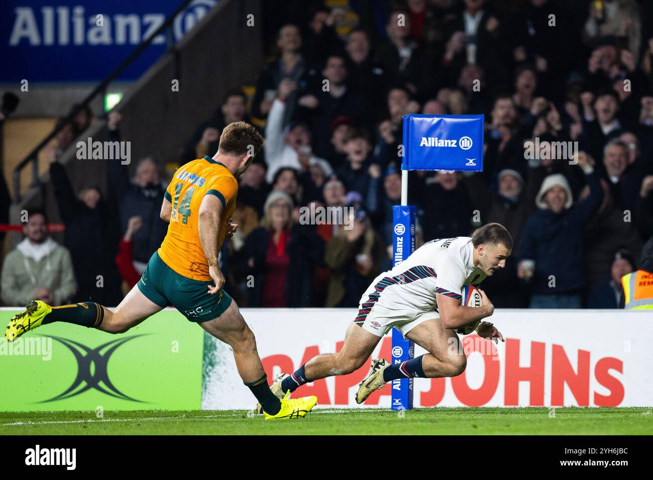 Ollie Sleightholme of England scores his sides fourth try during the ...