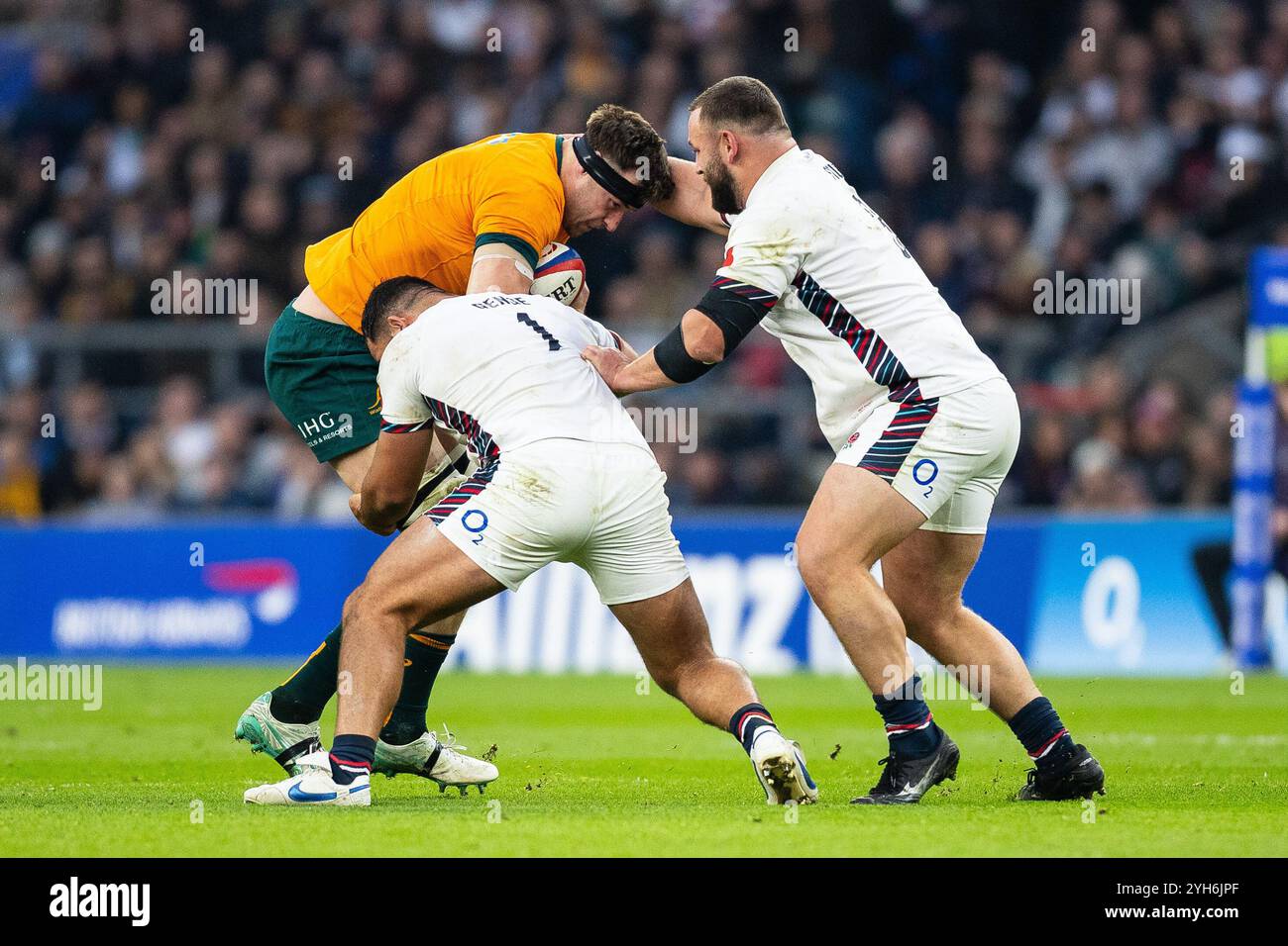 Jeremy Williams of Australia is tackled by Ellis Genge of England ...