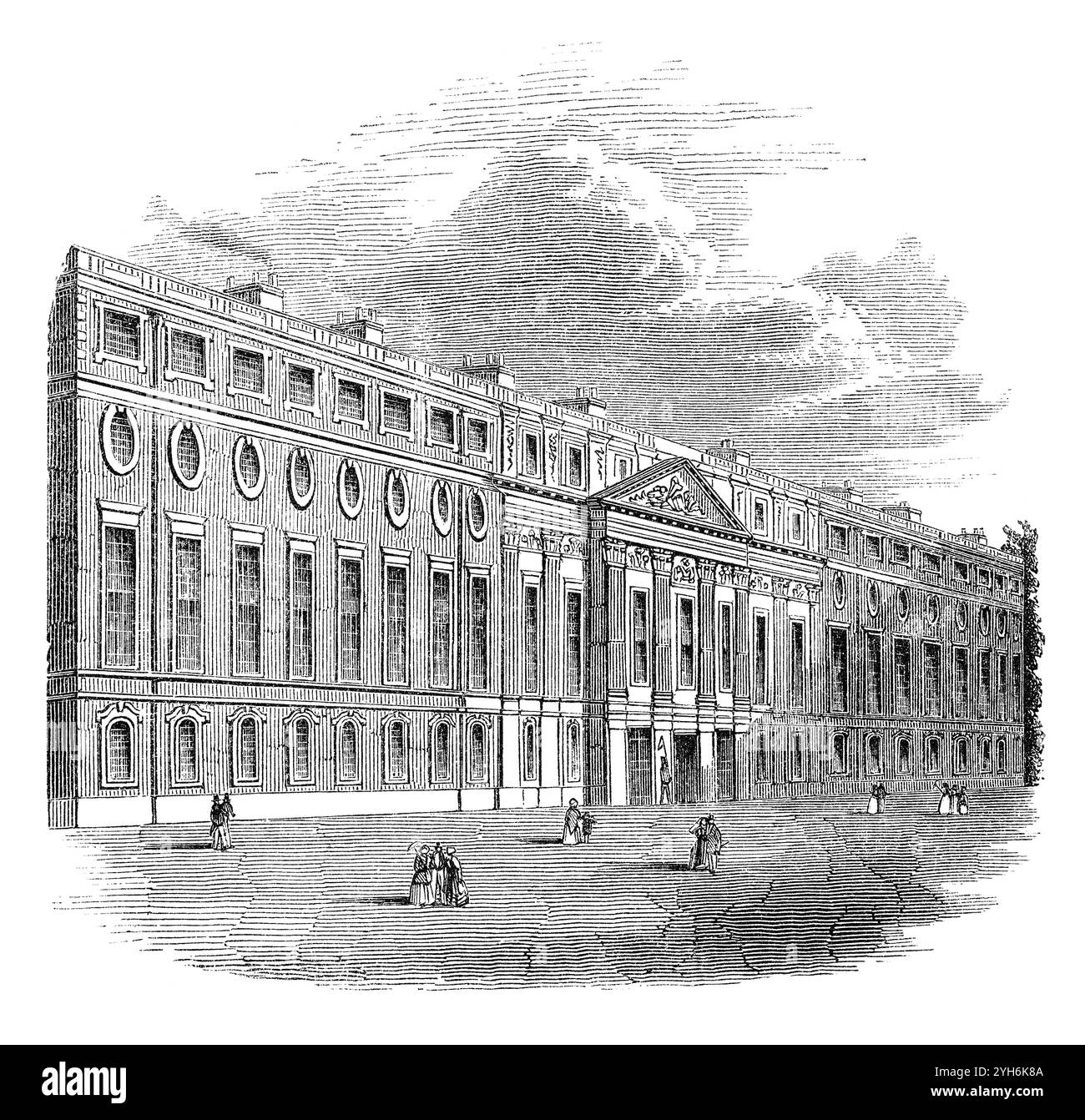 Vintage 1854 engraving of the south front of Hampton Court Palace ...