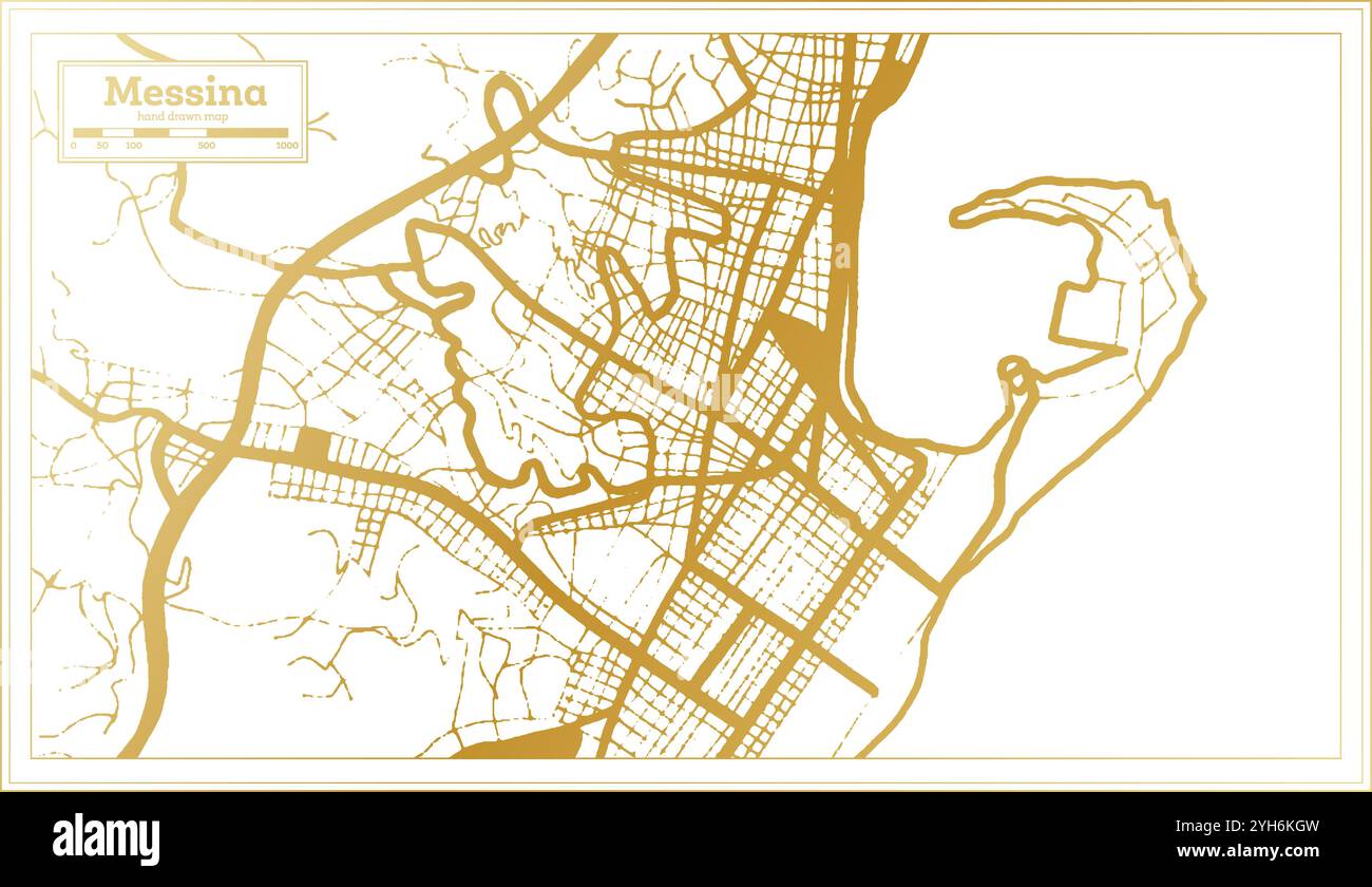 Messina Italy City Map in golden Colors in Retro Style. Outline Map ...
