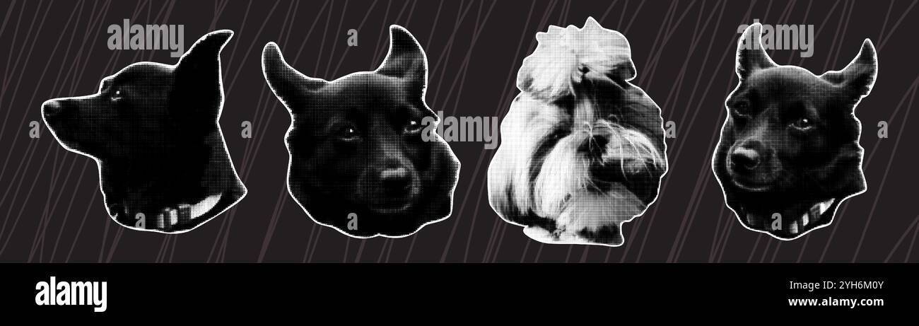 Trendy punk halftone collage dog heads set. Dotted pop art style Stock ...