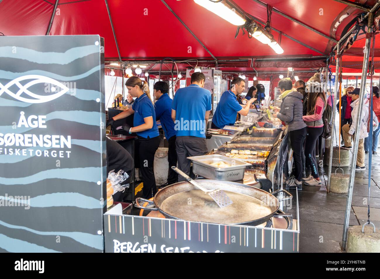 Fish and seafood market in Bergen city centre with stallholders selling ...