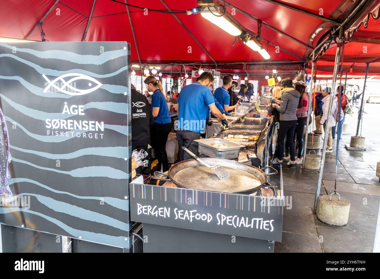 Fish and seafood market in Bergen city centre with stallholders selling ...