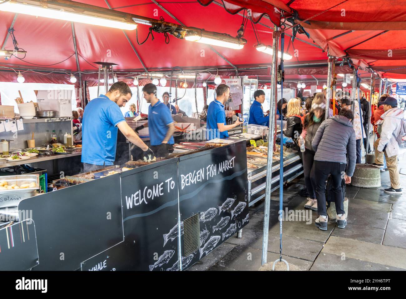 Fish and seafood market in Bergen city centre with stallholders selling ...