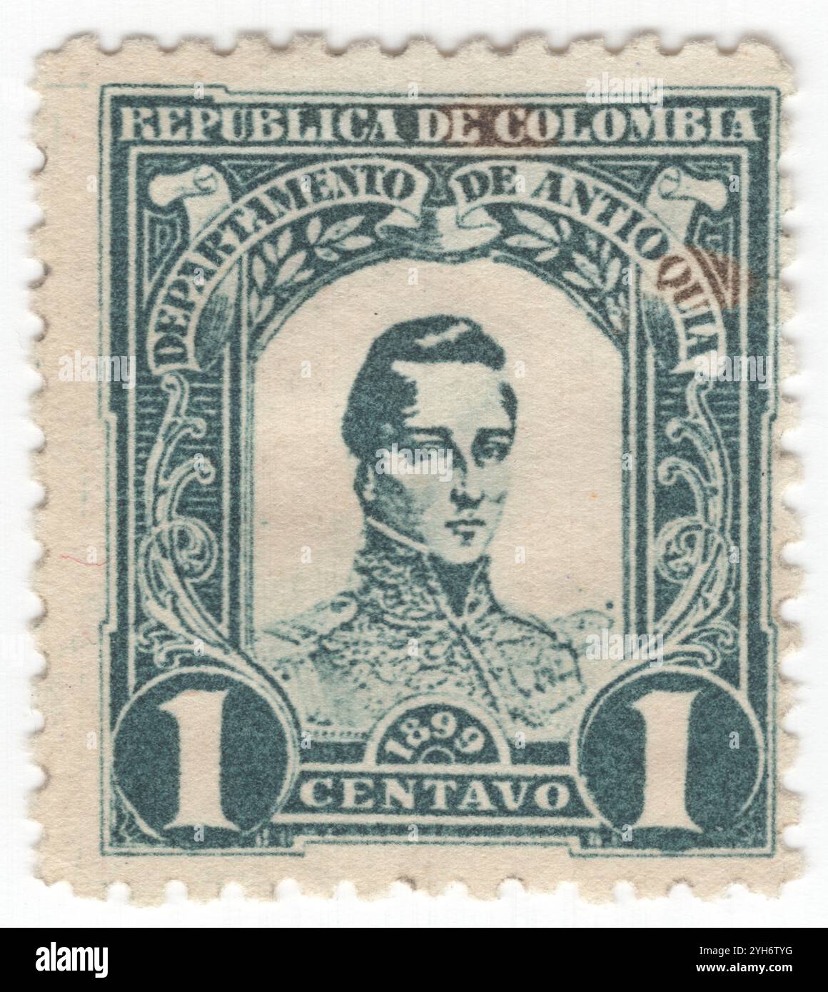 ANTIOQUIA - 1899: 1 centavo slate-blue postage stamp depicting a ...