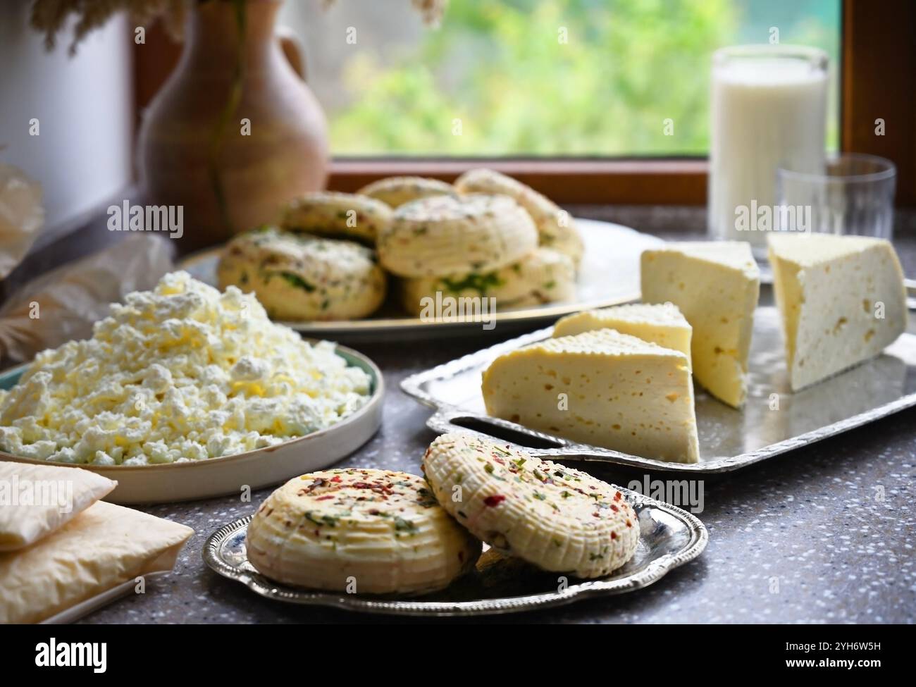 Fresh home made dairy products are on the table. Natural farm products ...
