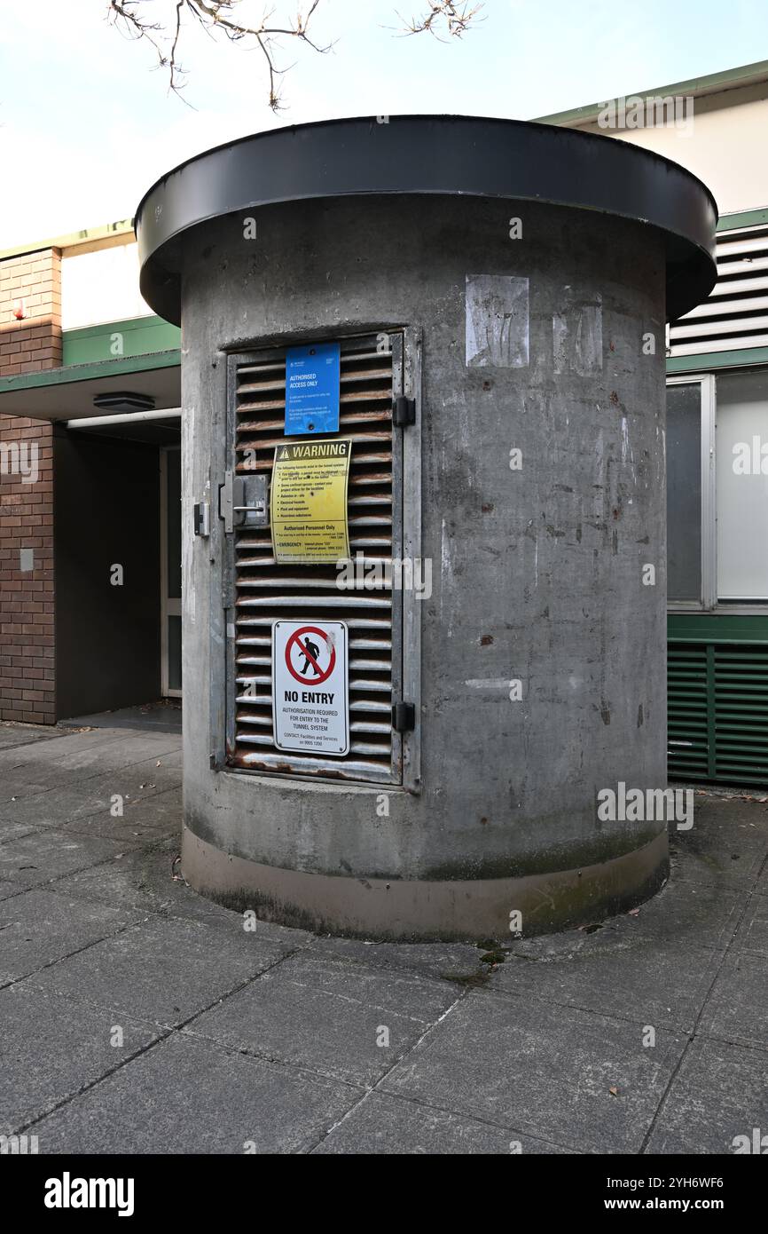 Restricted underground tunnel access point, with multiple warning signs ...