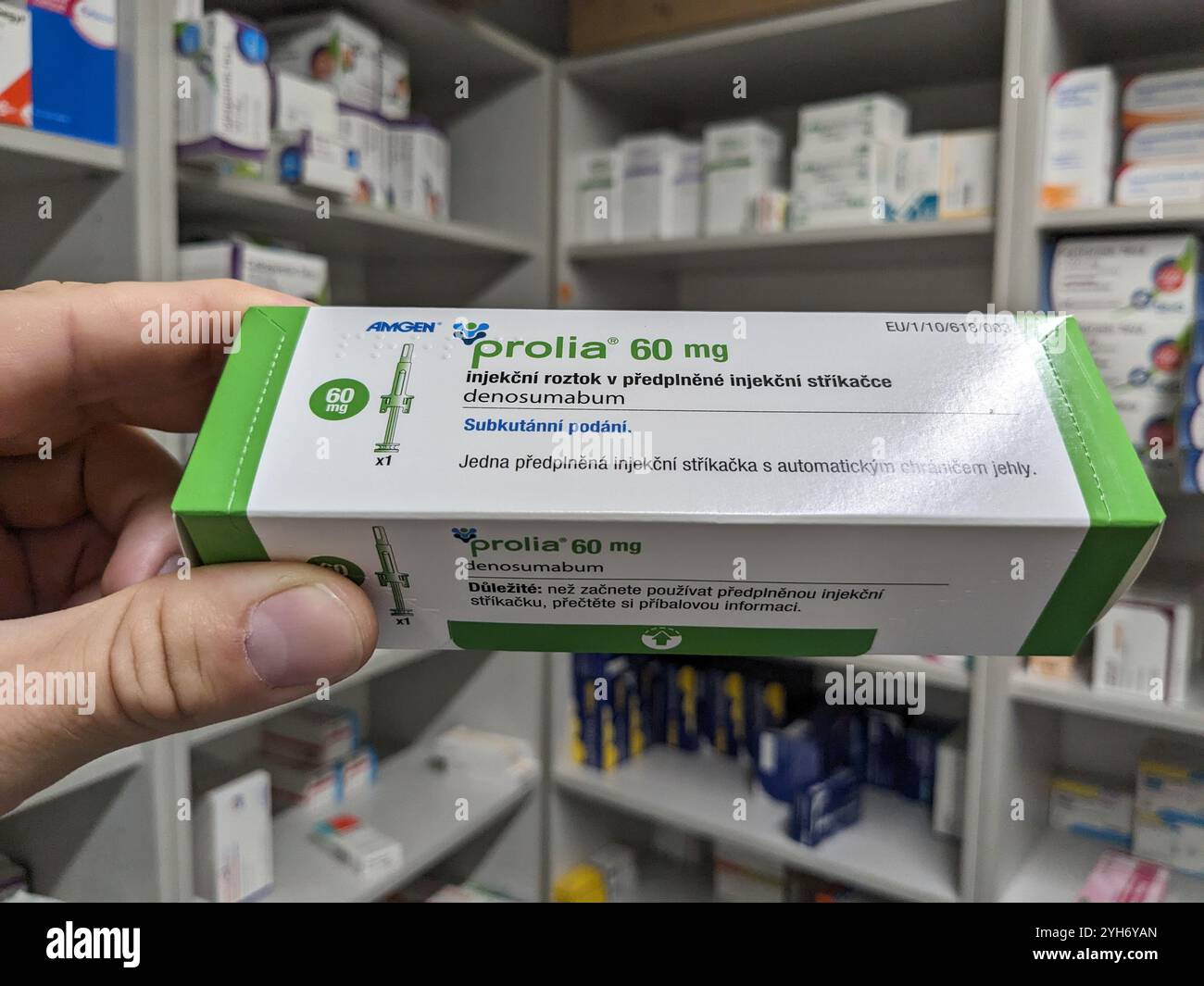 PROLIA box of medication with DENOSUMAB active substance by AMGEN, used ...