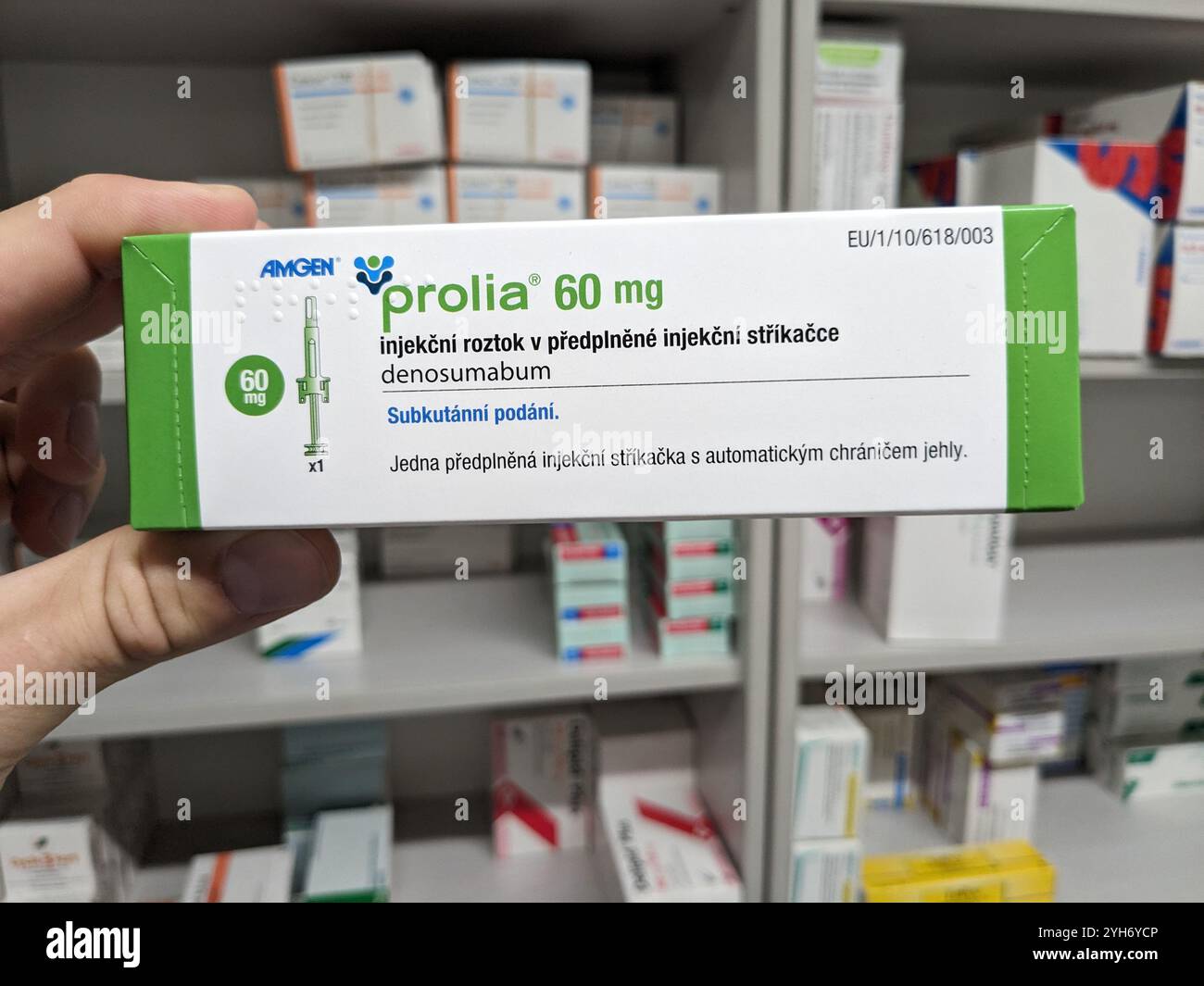 PROLIA box of medication with DENOSUMAB active substance by AMGEN, used ...