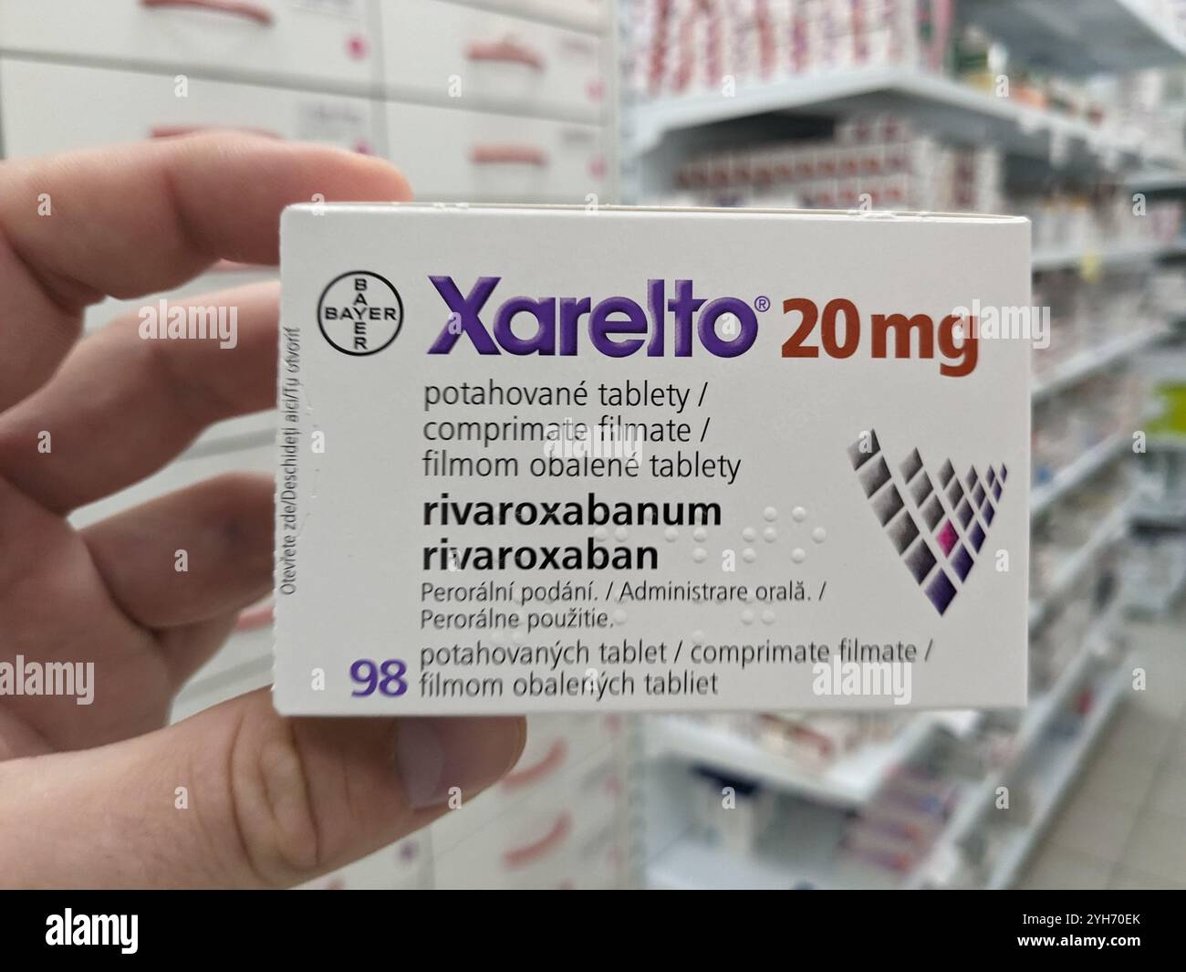 XARELTO box of tablets with RIVAROXABAN active substance by BAYER, used ...