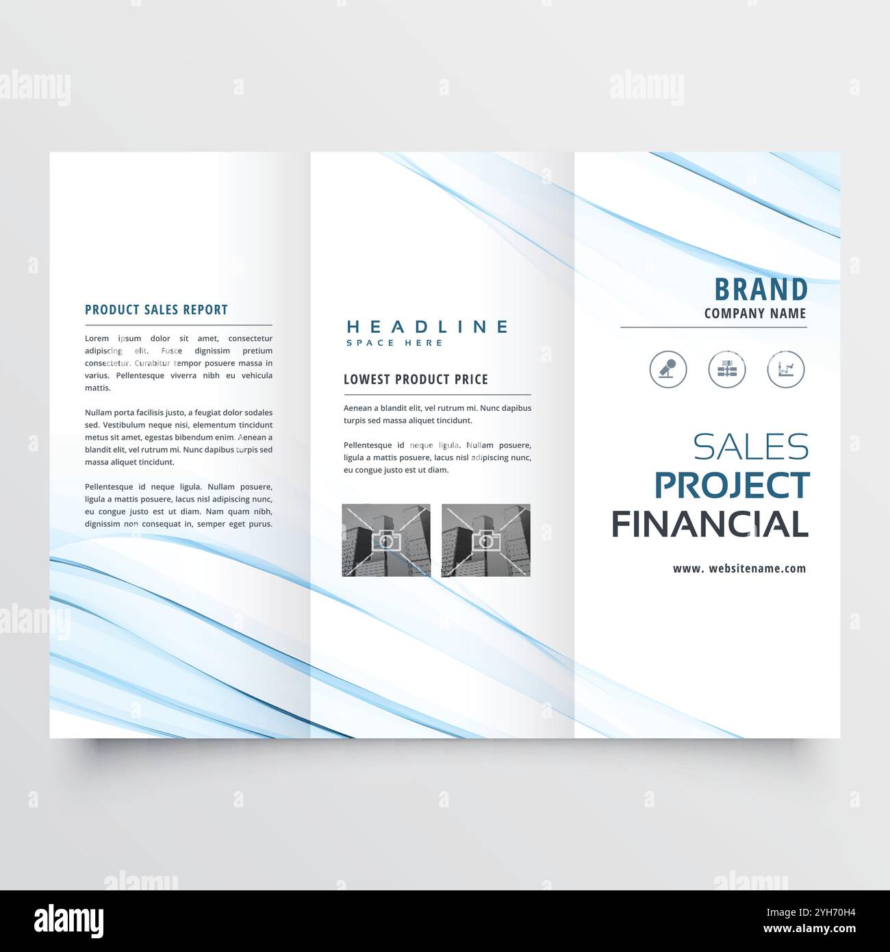 clean minimal tri-fold brochure flyer leaflet design with blue wave ...