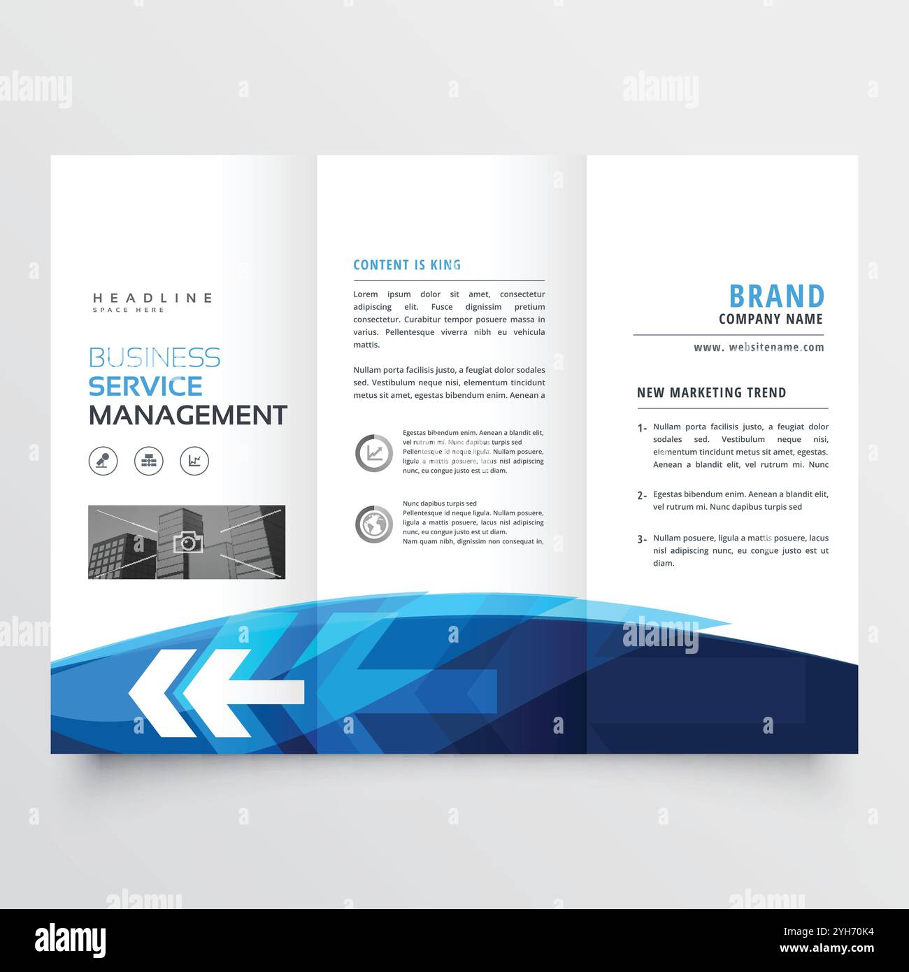 tr-fold brochure flyer design template in blue theme with arrow Stock ...