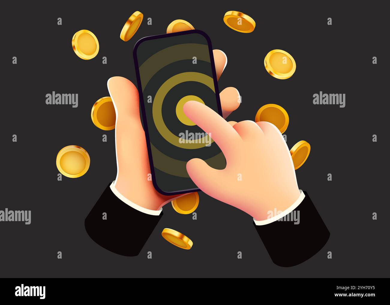 3D hand holding smartphone with flying banknotes. Get your money ...