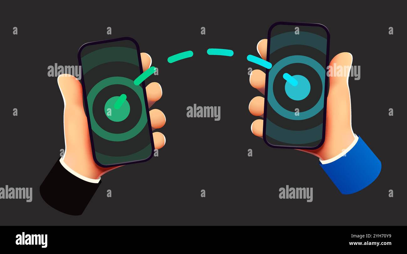 Two hands holding phones and exchanging data. Sharing concept. Vector illustration Stock Vector ...