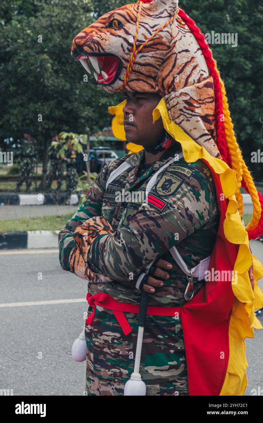 A soldier wearing a tiger head costume at marching band practice Stock ...