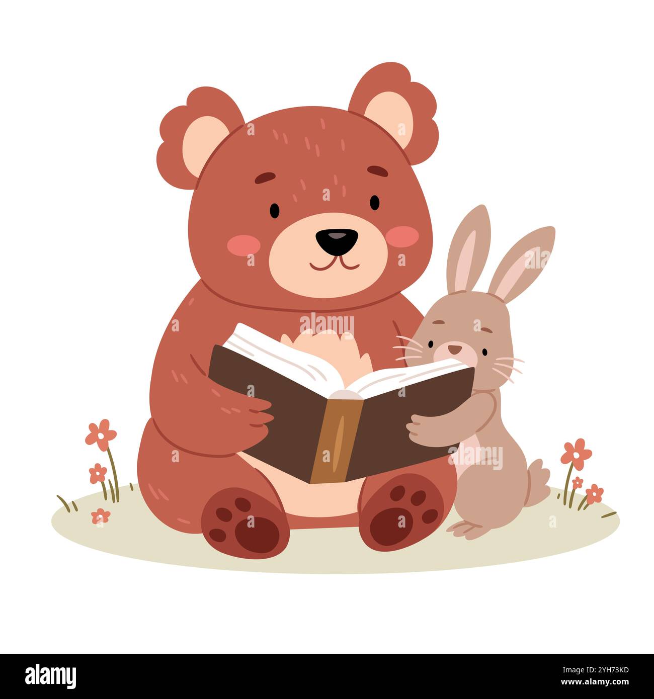Bunny and Bear are sitting on the lawn and reading a book.Cute animals ...