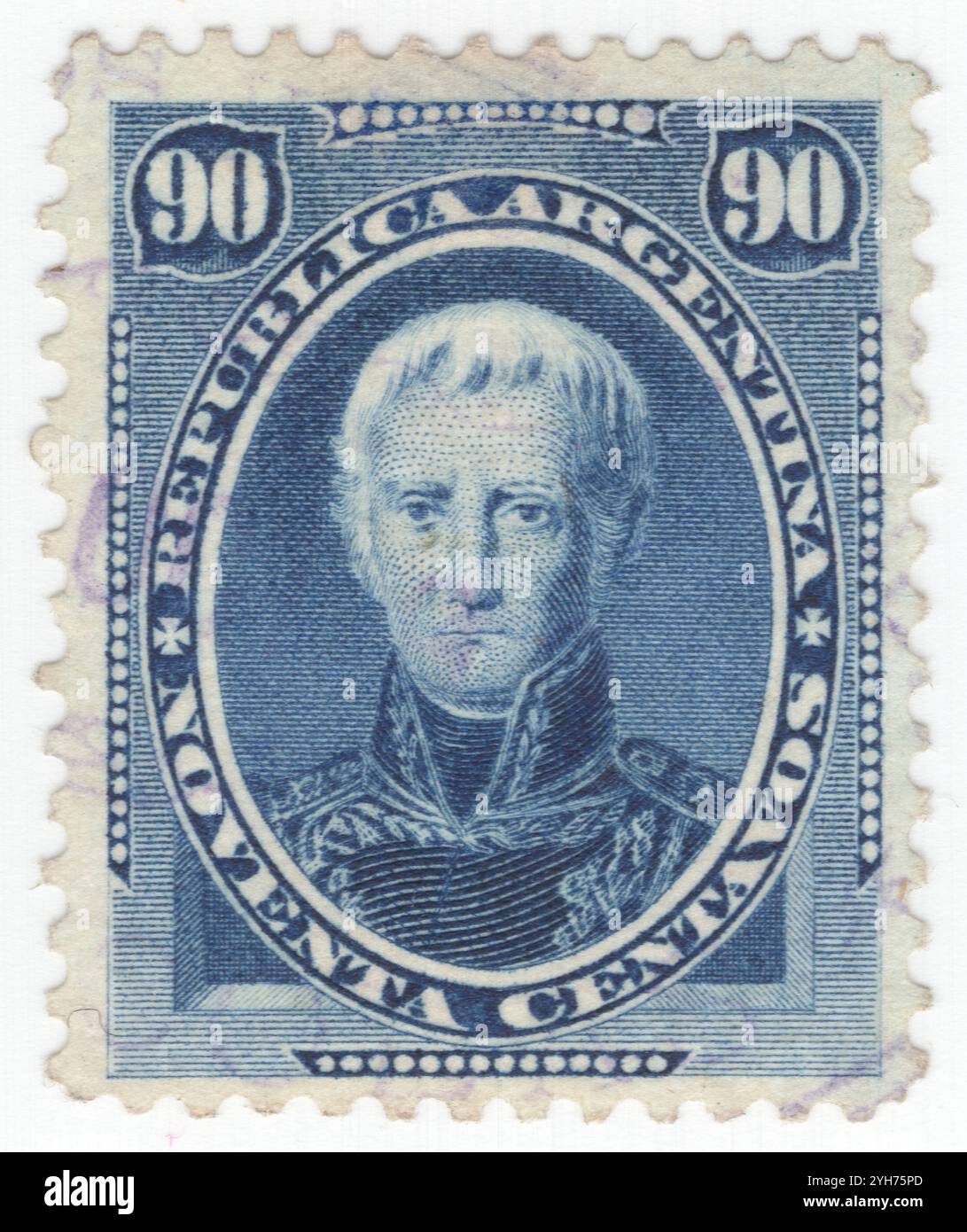ARGENTINA - 1873 October 08: 90 centavo blue postage stamp depicting ...