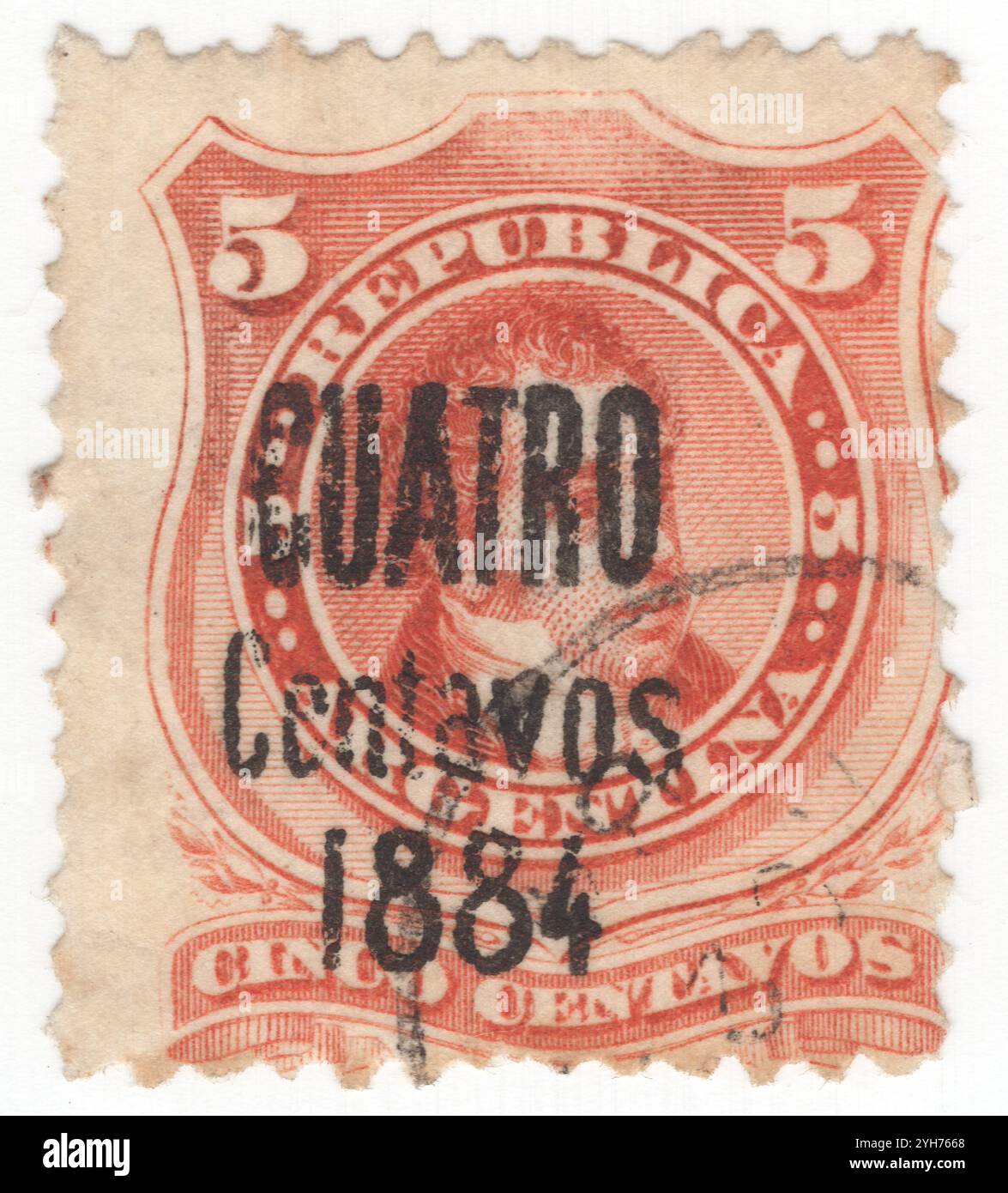 ARGENTINA - 1884 May 02: 4 on 5 centavos vermilion postage stamp ...