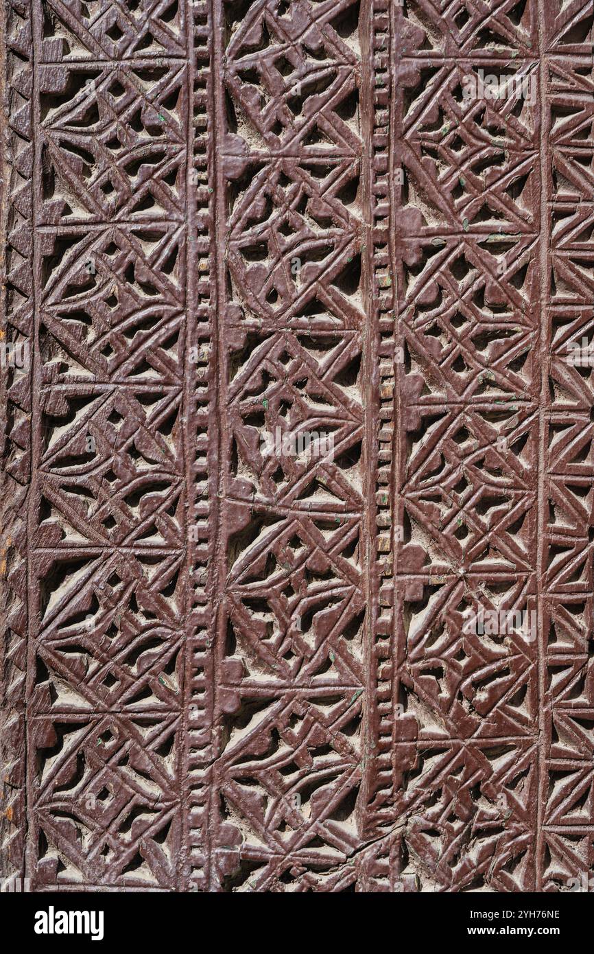 Closeup view of ancient traditional woodcarving with intricate ...