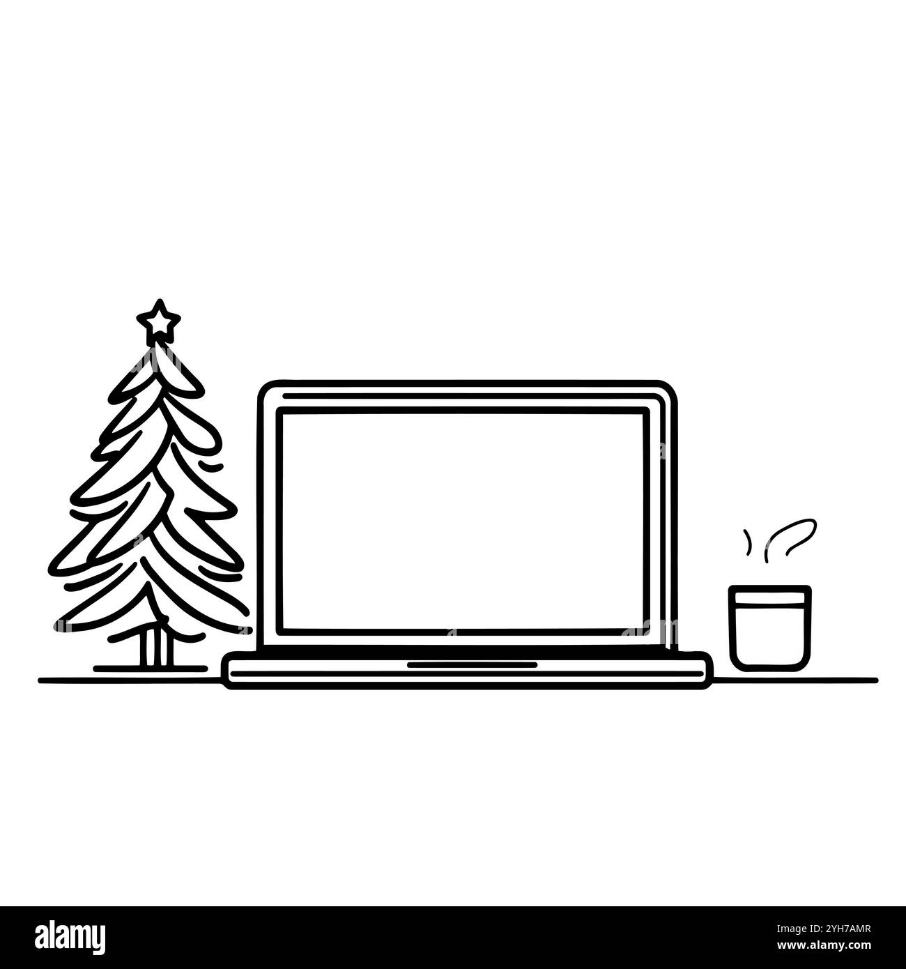Laptop with Christmas tree decoration and hot drink, creating a cozy ...