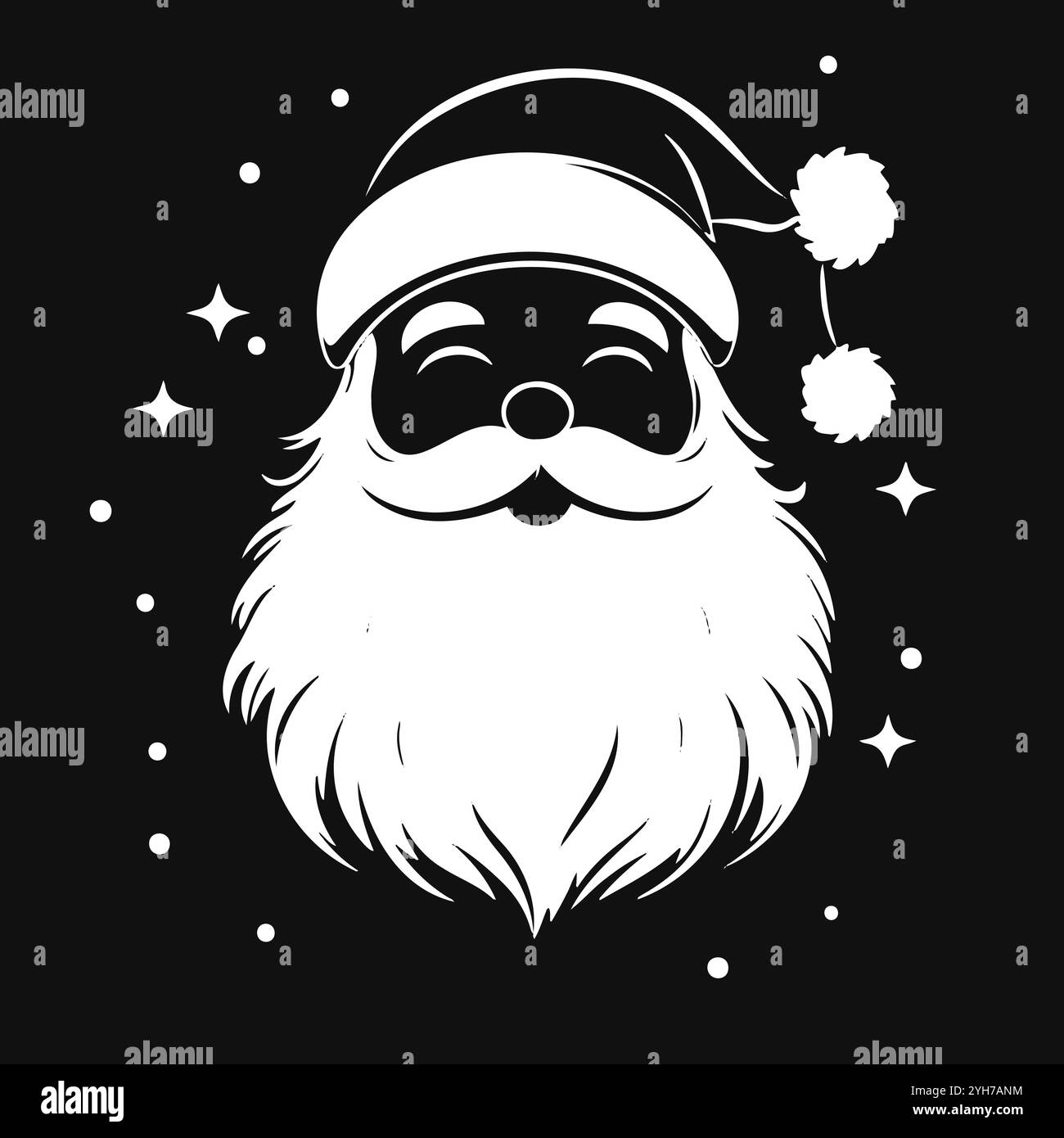 Black and white icon of smiling Santa Claus with a beard and hat ...