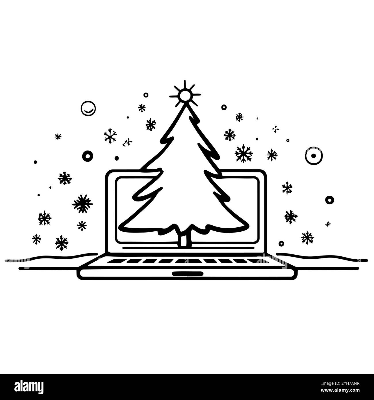 Christmas tree on laptop screen with falling snowflakes for virtual ...