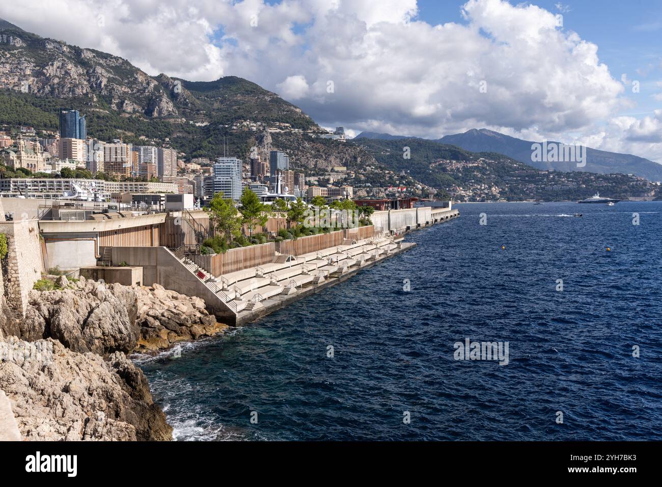 Monaco Mediterranean coast, waterfront sunbathing area, Monte Carlo ...