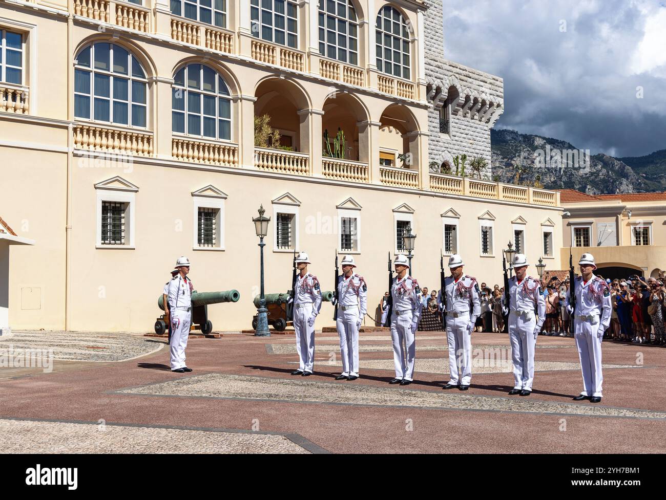 Changing of the Guard ceremony at the Prince's Palace of Monaco, Princes Carabinieri in white ...