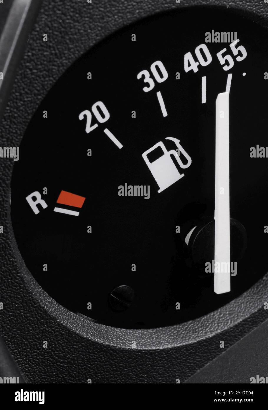 Fuel gauge in a car in the full tank position. The litres, reserve mark ...