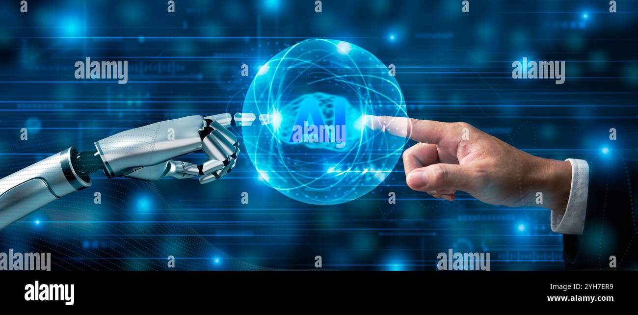 Human and robotic hand reaching out to touch AI hologram, symbolizing ...