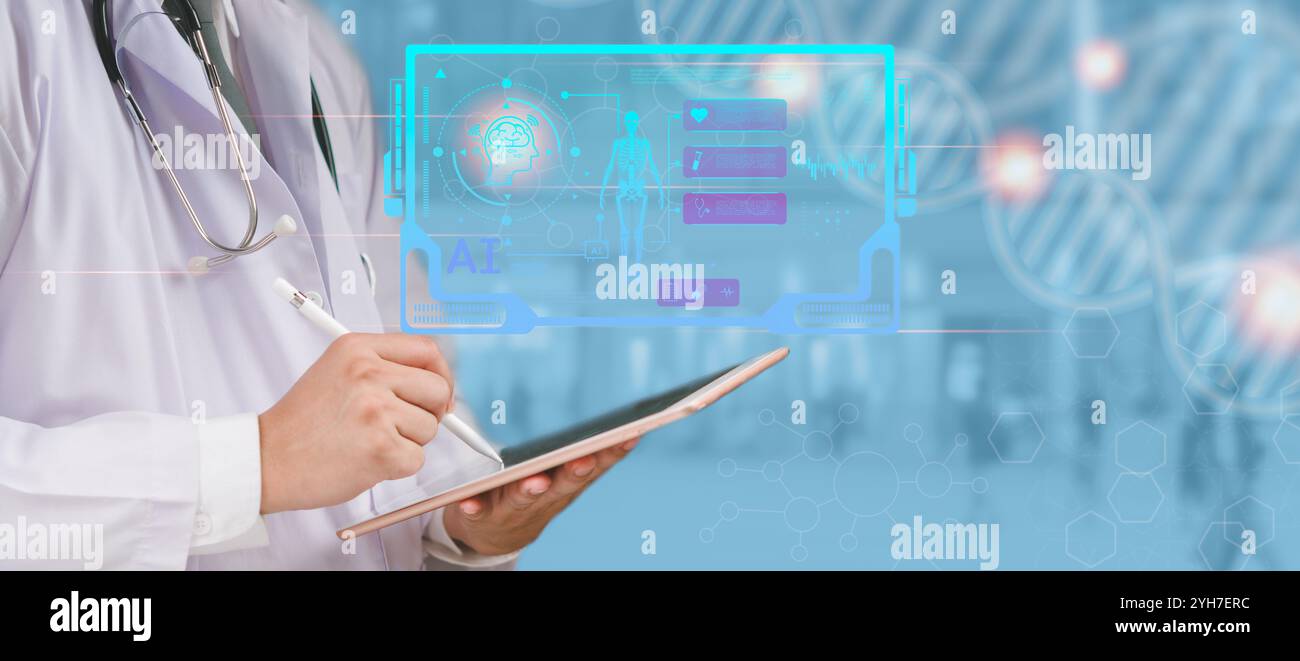 Doctor holding a digital tablet with AI medical interface, displaying ...