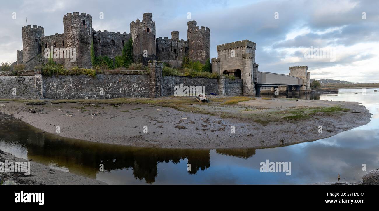 Panorama of Conwy Castle seen at low tide, taken 26th Oct 2024 Stock ...