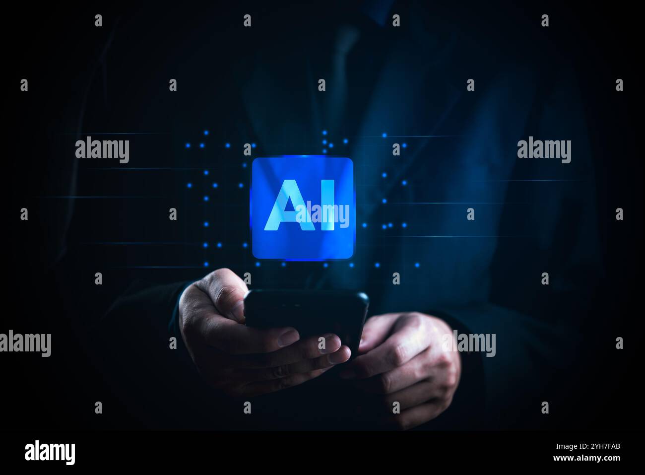 Businessman using smartphone with floating AI icon, representing artificial intelligence ...