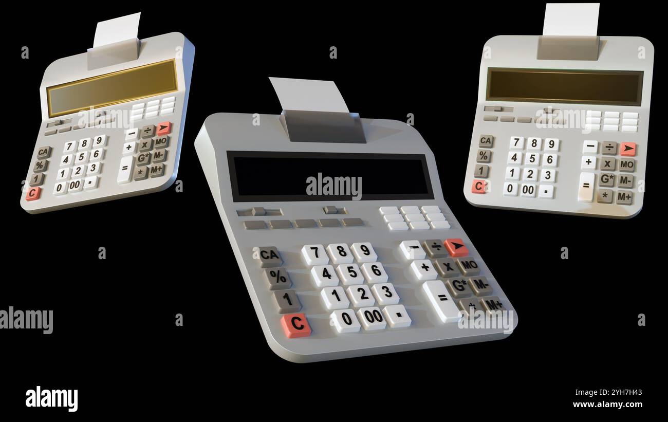 A 3d rendering of classic calculator with a digital display and a keypad of number and function ...