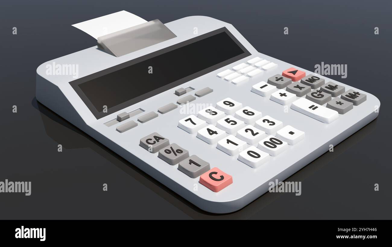 A 3d rendering of classic calculator with a digital display and a keypad of number and function ...