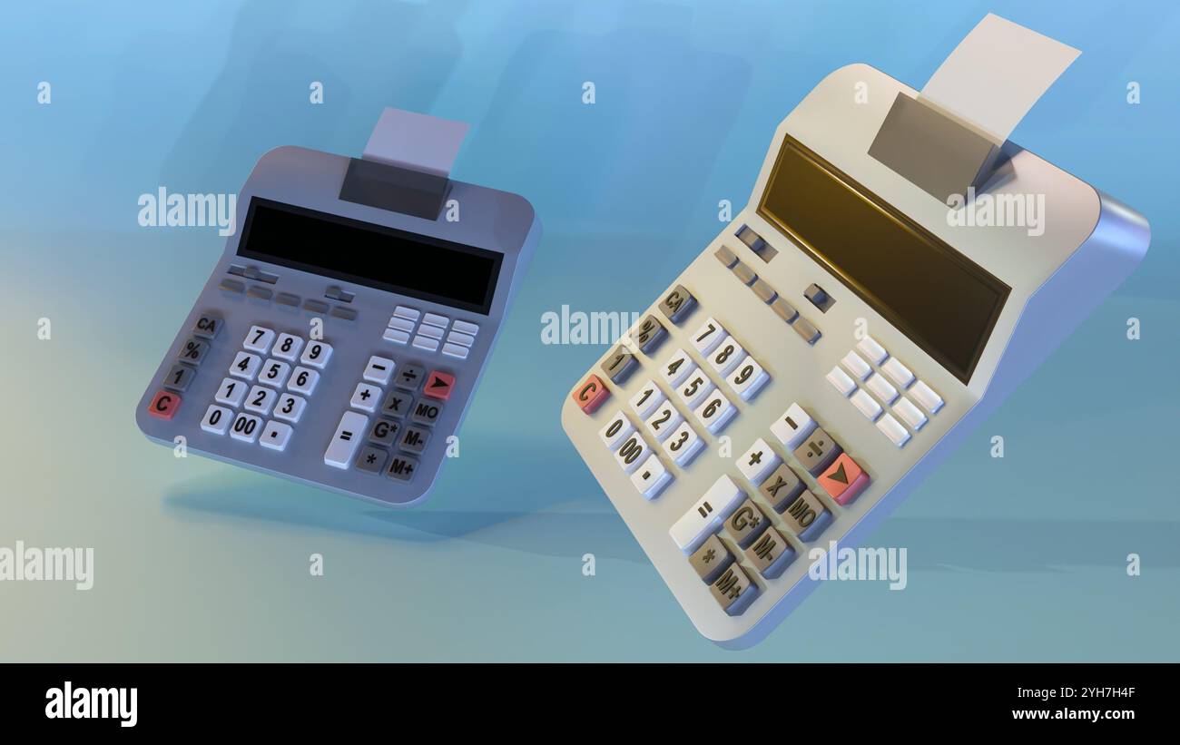 A 3d rendering of classic calculator with a digital display and a keypad of number and function ...