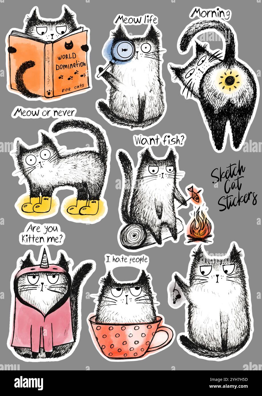 Stickers pack illustration sketch of funny cats Stock Photo - Alamy